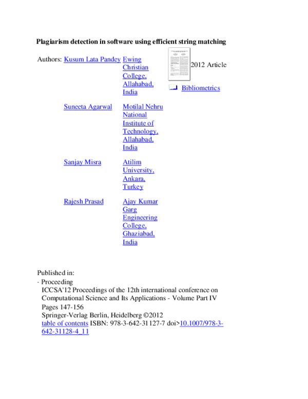 (PDF) Plagiarism Detection in Software Using Efficient String Matching (PDF) Plagiarism Detection in Software Using Efficient String Matching