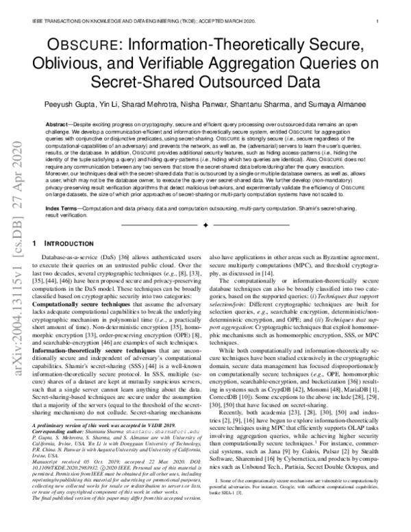 Pdf Obscure Information Theoretically Secure Oblivious And Verifiable Aggregation Queries