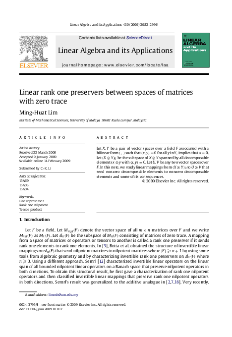 (PDF) Linear rank one preservers between spaces of matrices with zero trace