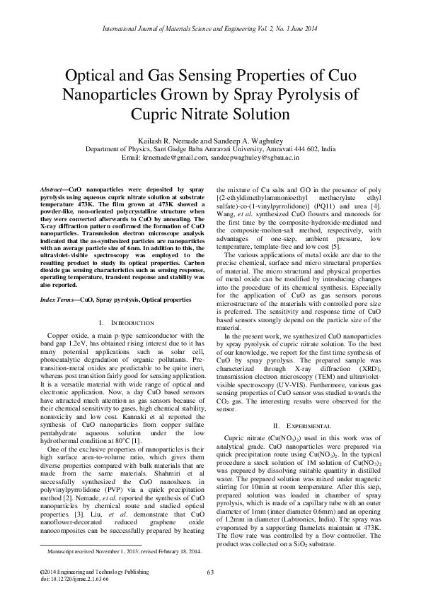 (PDF) Optical and Gas Sensing Properties of Cuo Nanoparticles Grown by Spray Pyrolysis of Cupric ...