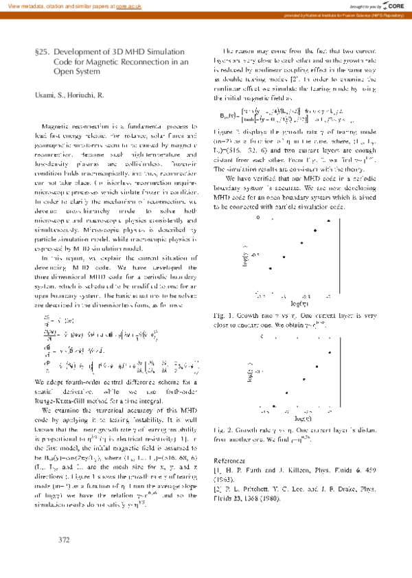 (PDF) Development of 3D MHD Simulation Code for Magnetic Reconnection in an Open System | Ritoku ...