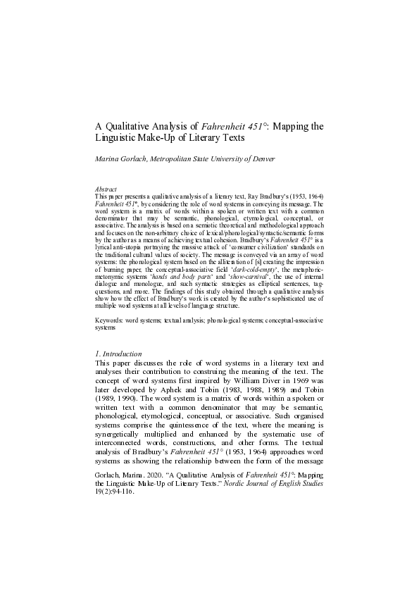 (PDF) A Qualitative Analysis of Fahrenheit 451°: Mapping the Linguistic ...