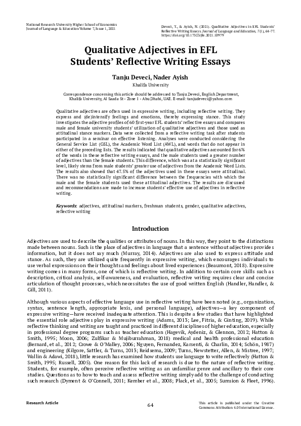 (PDF) Qualitative Adjectives in EFL Students’ Reflective Writing Essays