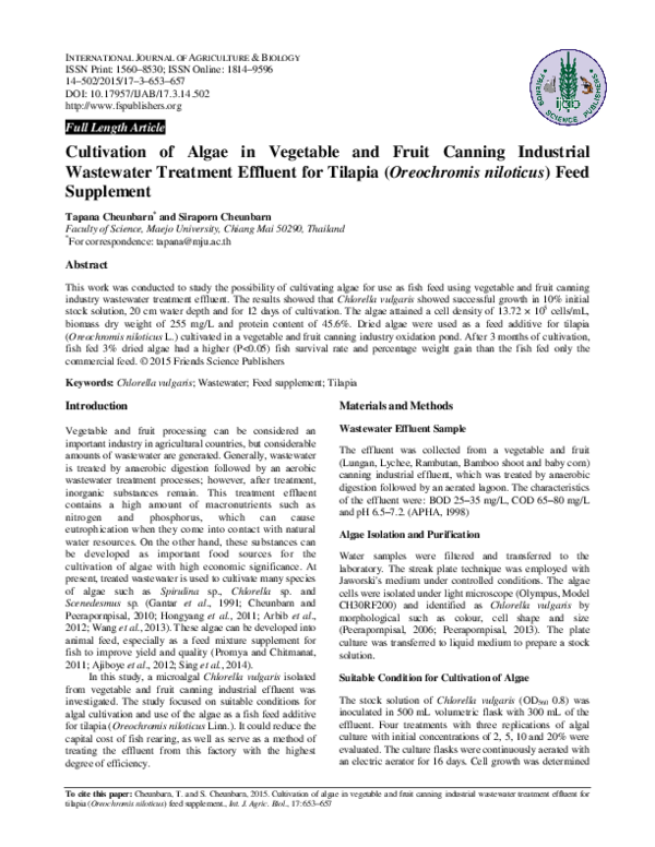 (PDF) Cultivation of Algae in Vegetable and Fruit Canning Industrial ...