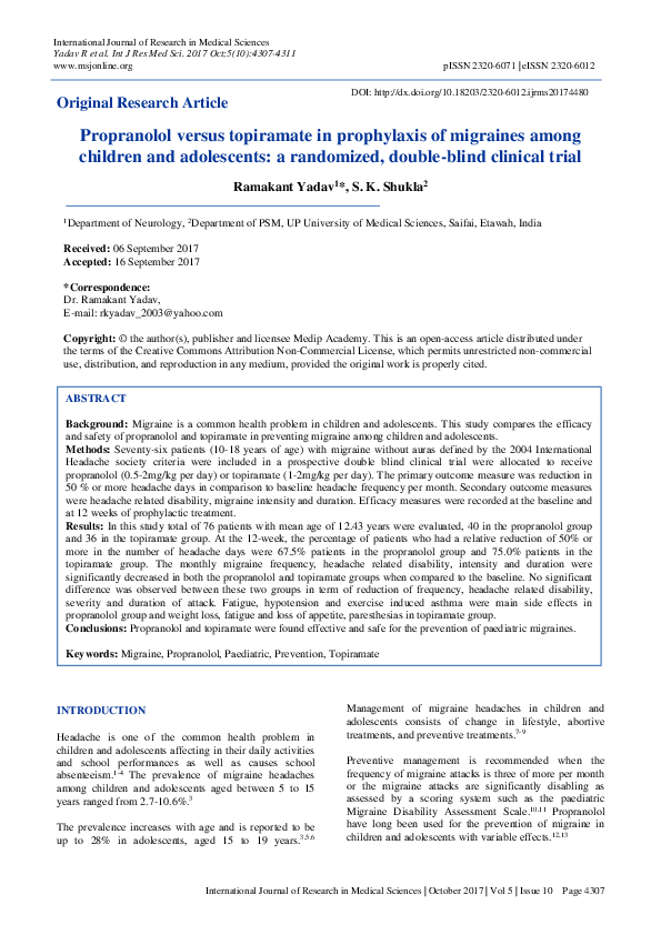 (PDF) Propranolol versus topiramate in prophylaxis of migraines among ...