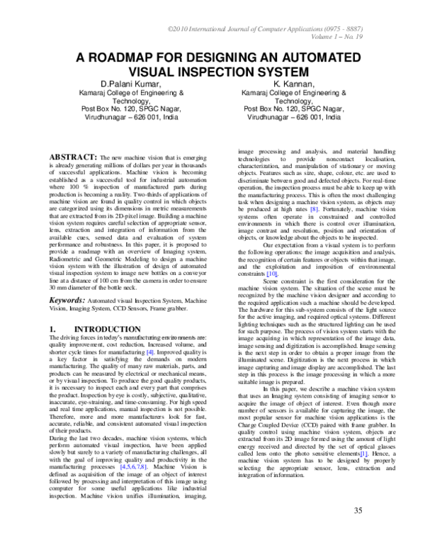 Pdf A Roadmap For Designing An Automated Visual Inspection System Kamala Kannan S