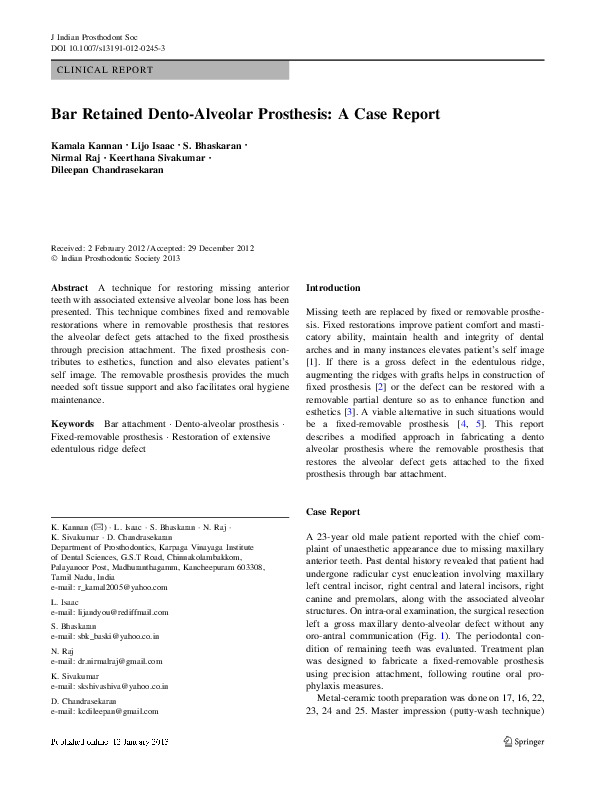 (PDF) Bar Retained Dento-Alveolar Prosthesis: A Case Report