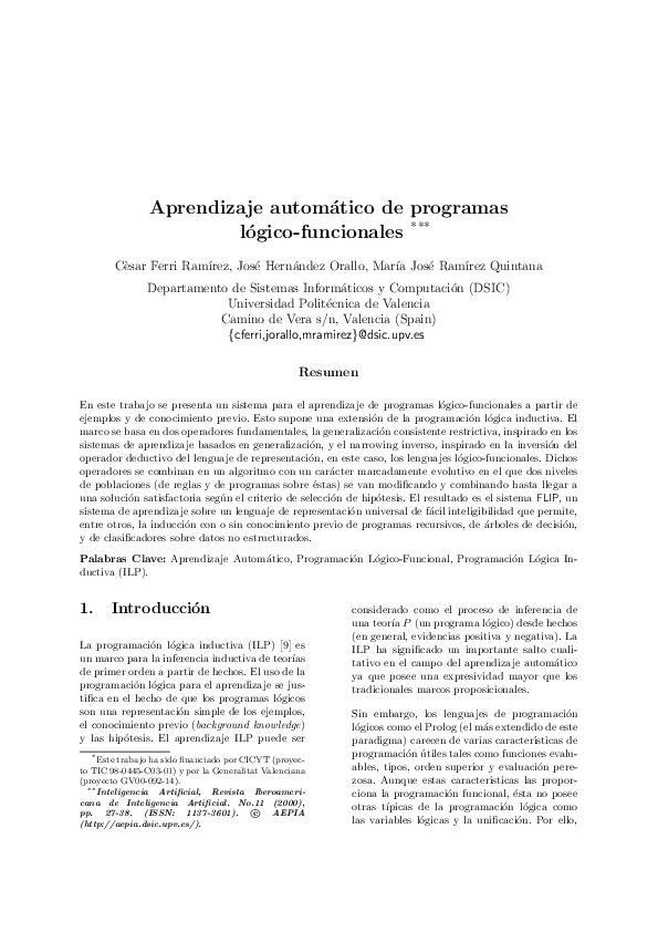 (PDF) Aprendizaje Automatico de Programas Logico-Funcionales