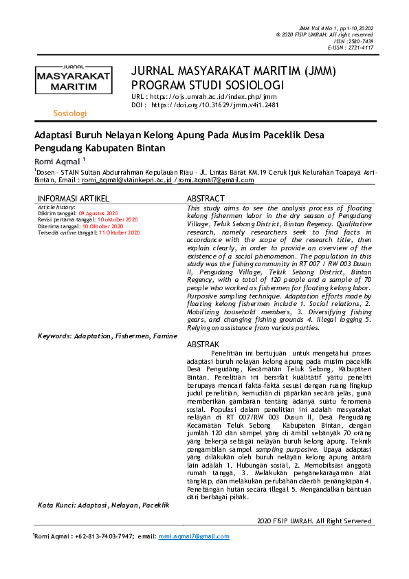 (PDF) Proses Adaptasi Buruh Nelayan Kelong Apung di Musim Paceklik Desa ...