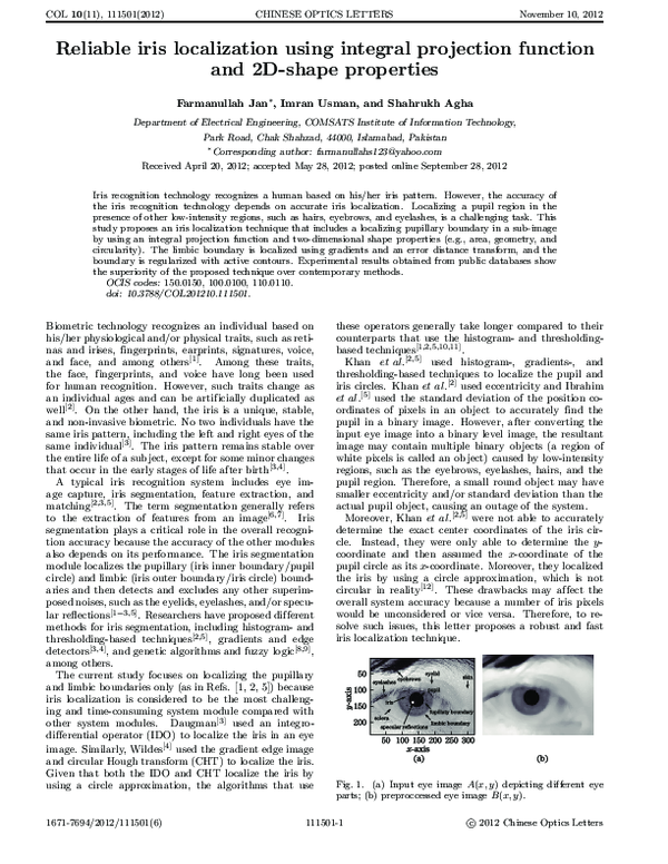 (PDF) Reliable iris localization using integral projection function and 2D-shape properties