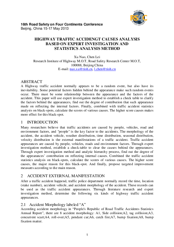 (PDF) Highway Traffic Accident Causes Analysis based on Expert Investigation and Statistics ...