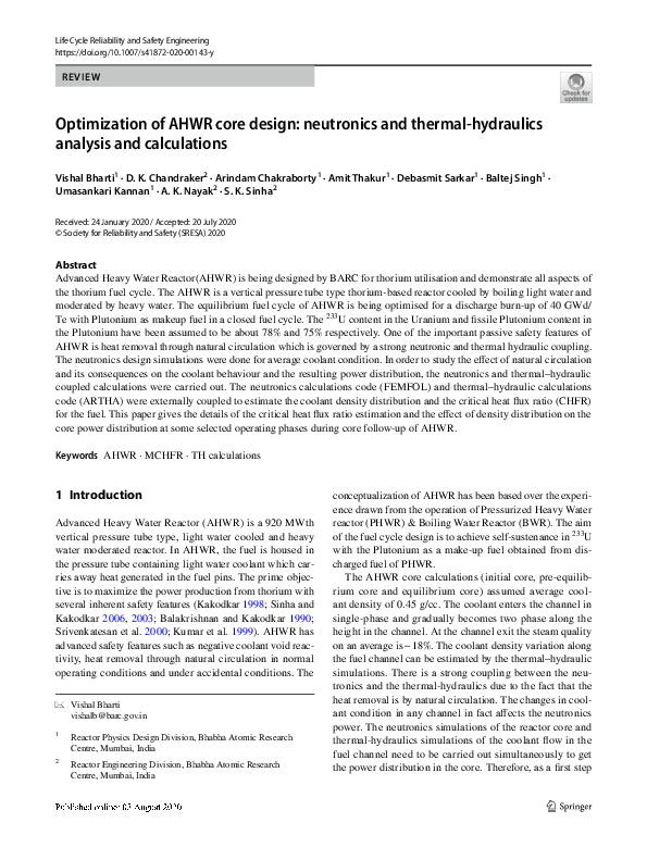 (PDF) Optimization of AHWR core design: neutronics and thermal-hydraulics analysis and calculations