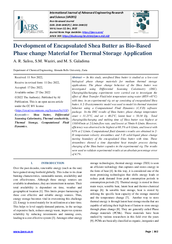 (PDF) Development of Encapsulated Shea Butter as Bio-Based Phase change Material for Thermal ...
