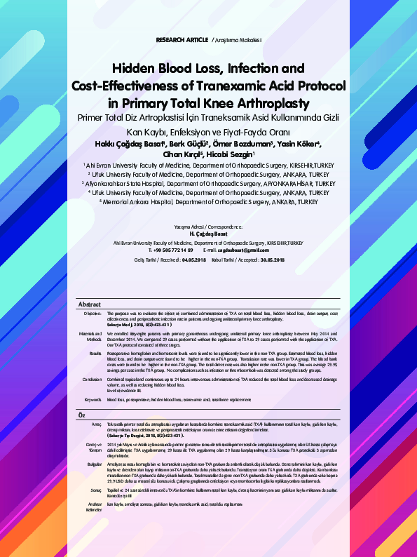 (PDF) Hidden Blood Loss, Infection and Cost-Effectiveness of Tranexamic ...