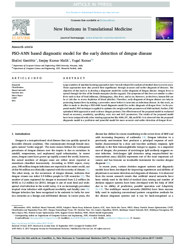 (PDF) PSO-ANN based diagnostic model for the early detection of dengue disease