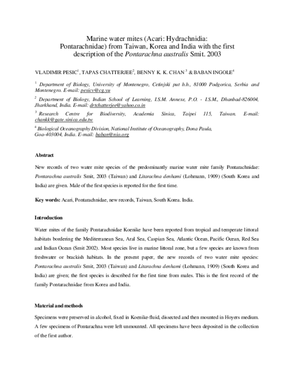 (PDF) Marine water mites (Acari: Hydrachnidia: Pontarachnidae) from ...