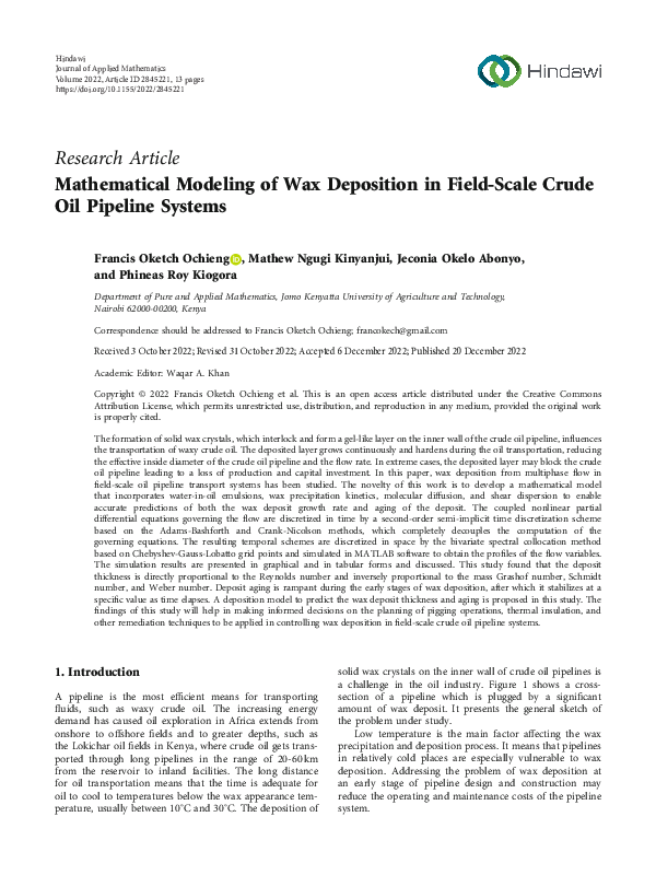 Pdf Mathematical Modeling Of Wax Deposition In Field Scale Crude Oil
