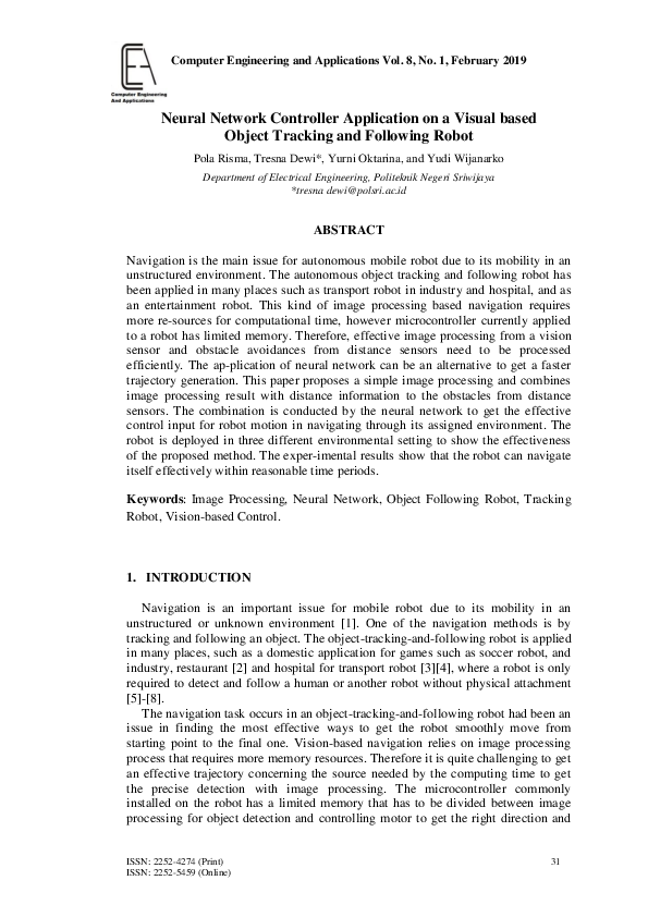 (PDF) Neural Network Controller Application on a Visual based Object Tracking and Following Robot