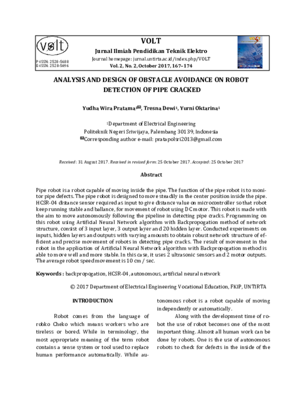 (PDF) Analysis and Design of Obstacle Avoidance on Robot Detection of Pipe Cracked | yurni ...