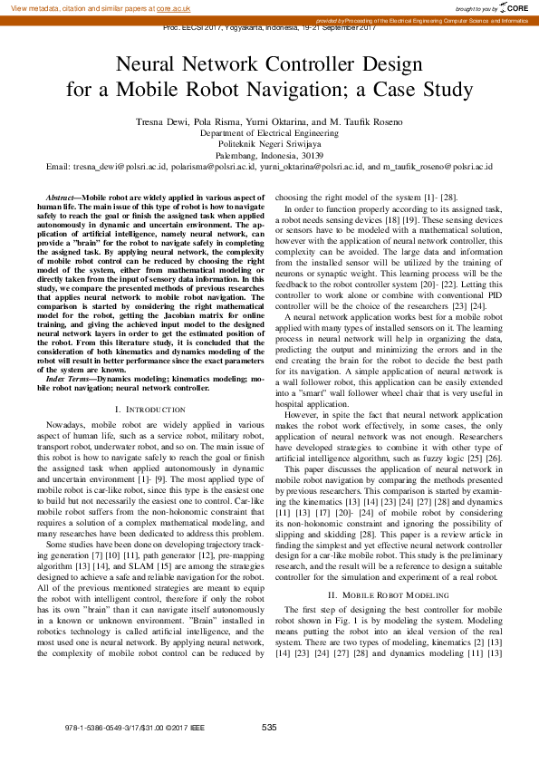 (PDF) Neural Network Controller Design for a Mobile Robot Navigation; a Case Study