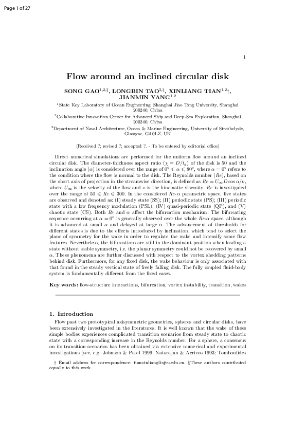 (PDF) Flow around an inclined circular disk