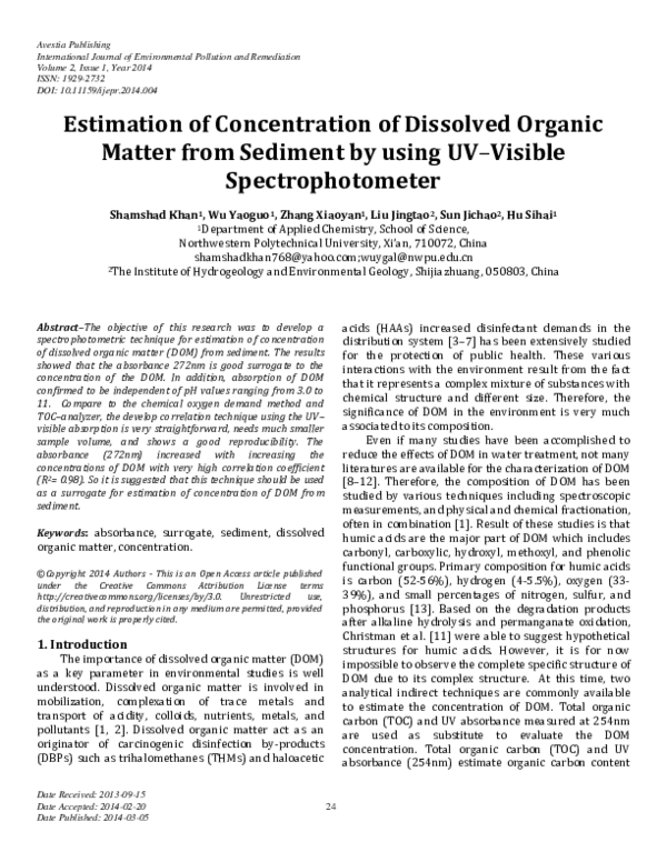 Pdf Estimation Of Concentration Of Dissolved Organic Matter From