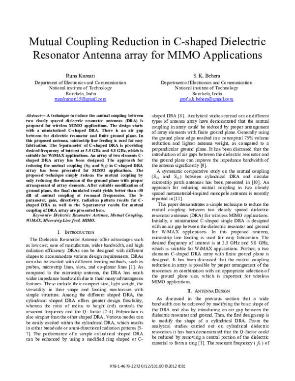 (PDF) Mutual coupling reduction in C-shaped dielectric resonator antenna array for MIMO applications