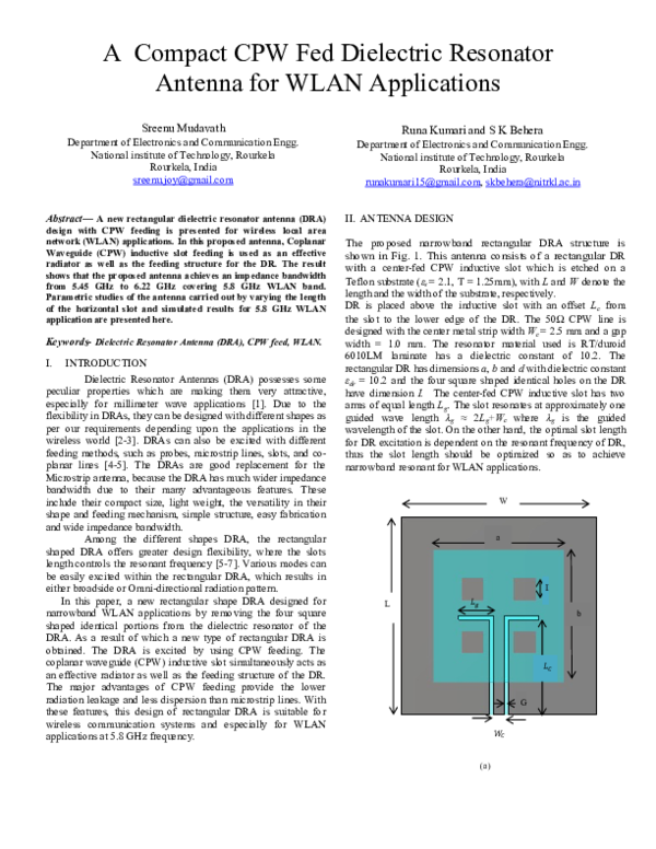 (PDF) A compact CPW fed dielectric resonator antenna for WLAN applications