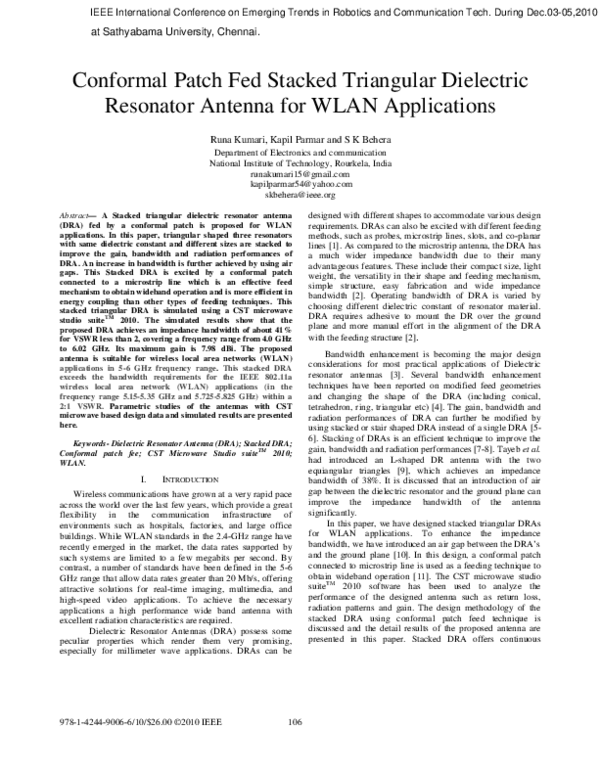 Pdf Conformal Patch Fed Stacked Triangular Dielectric Resonator Antenna For Wlan Applications