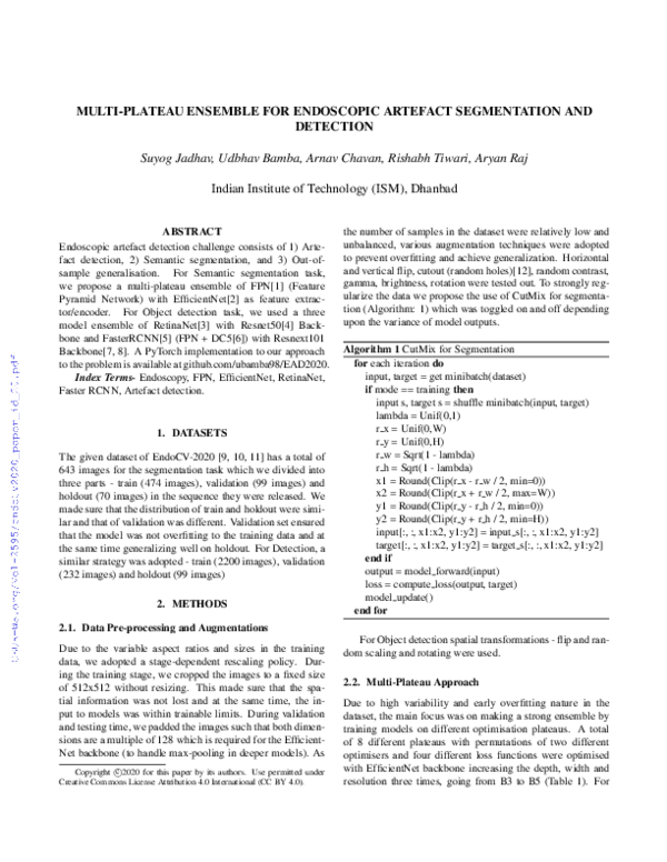 (PDF) Multi-plateau Ensemble For Endoscopic Artefact Segmentation And Detection