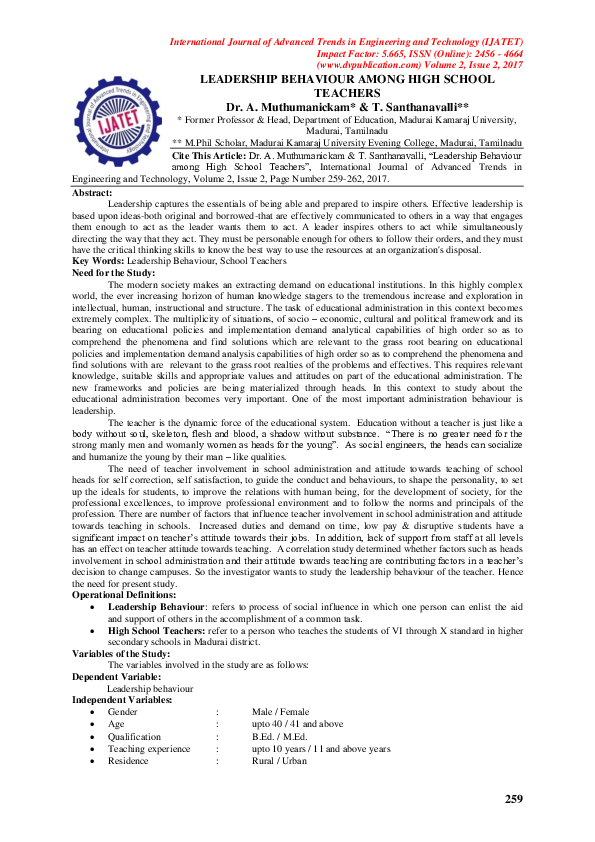 (PDF) Leadership Behaviour Among High School Teachers