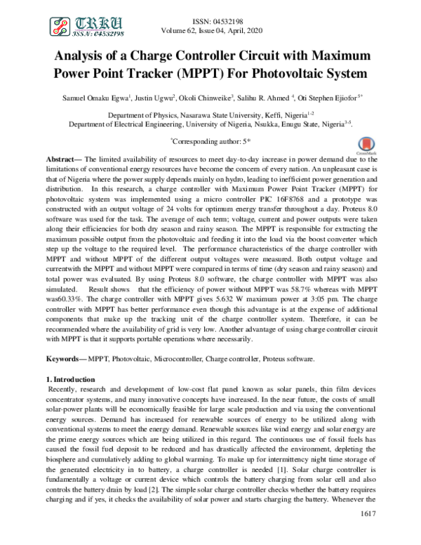Pdf Analysis Of A Charge Controller Circuit With Maximum Power Point Tracker Mppt For