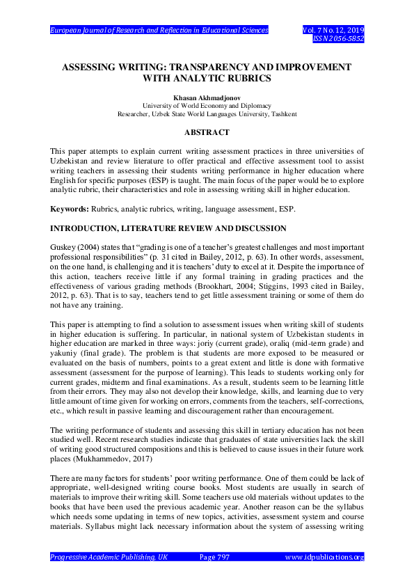 (PDF) ASSESSING WRITING: TRANSPARENCY AND IMPROVEMENT WITH ANALYTIC RUBRICS