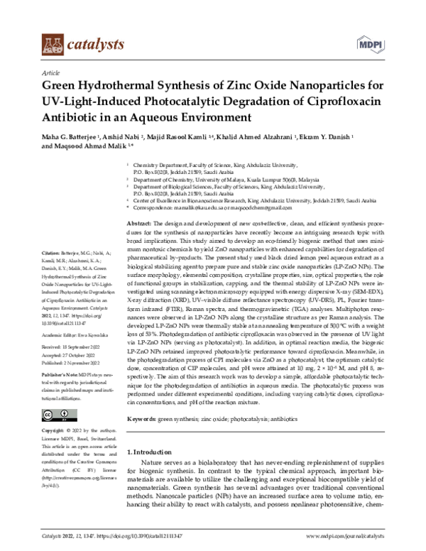 (PDF) Green Hydrothermal Synthesis of Zinc Oxide Nanoparticles for UV-Light-Induced ...
