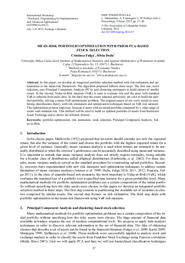 Pdf Mean Risk Portfolio Optimization With Prior Pca Based Stock Selection