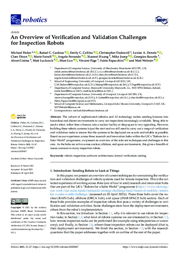 Pdf An Overview Of Verification And Validation Challenges For Inspection Robots