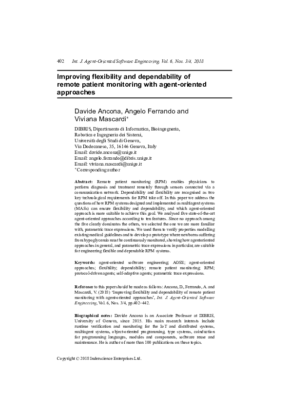 (PDF) Improving flexibility and dependability of remote patient monitoring with agent-oriented ...
