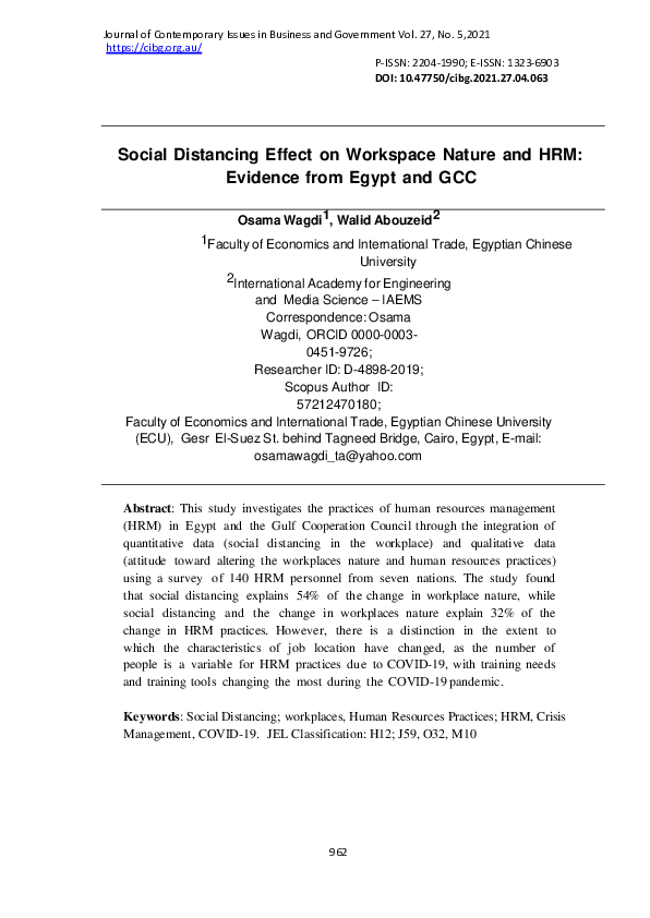 (PDF) Social Distancing Effect on Workspace Nature and HRM: Evidence ...