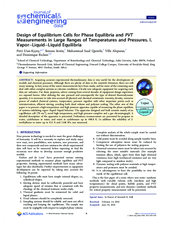 (PDF) Design of Equilibrium Cells for Phase Equilibria andPVTMeasurements in Large Ranges of ...
