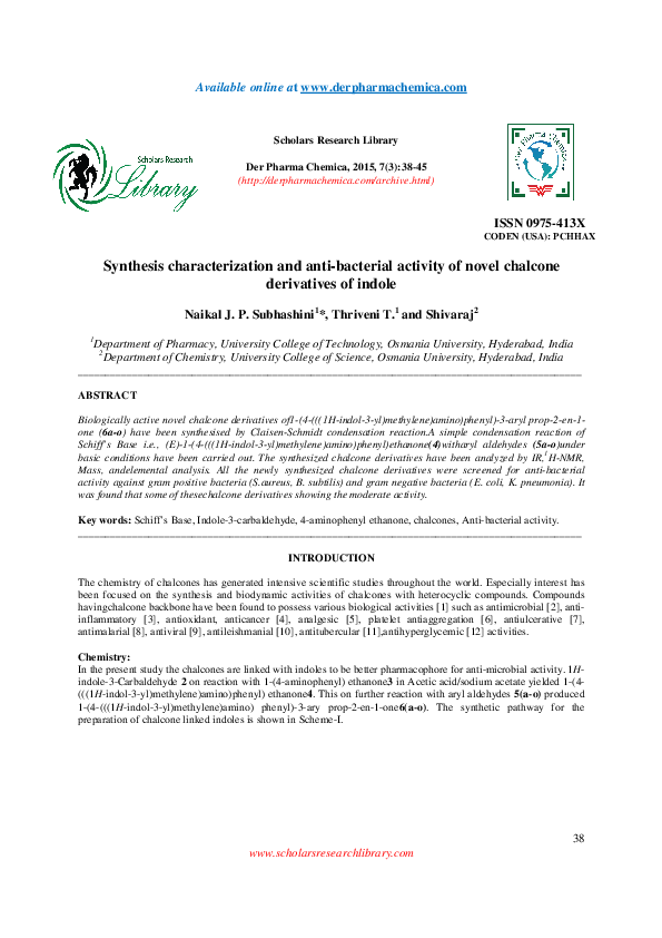 (PDF) Synthesis characterization and anti-bacterial activity of novel chalcone derivatives of indole