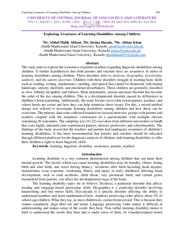 (PDF) Exploring Awareness of Learning Disabilities Among Children