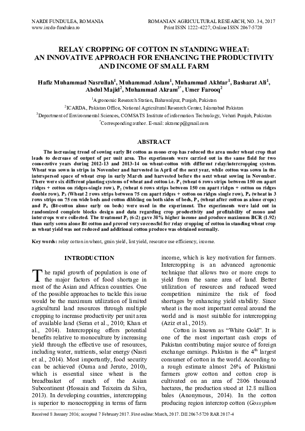 (PDF) Relay Cropping of Cotton in Standing Wheat : An Innovative ...