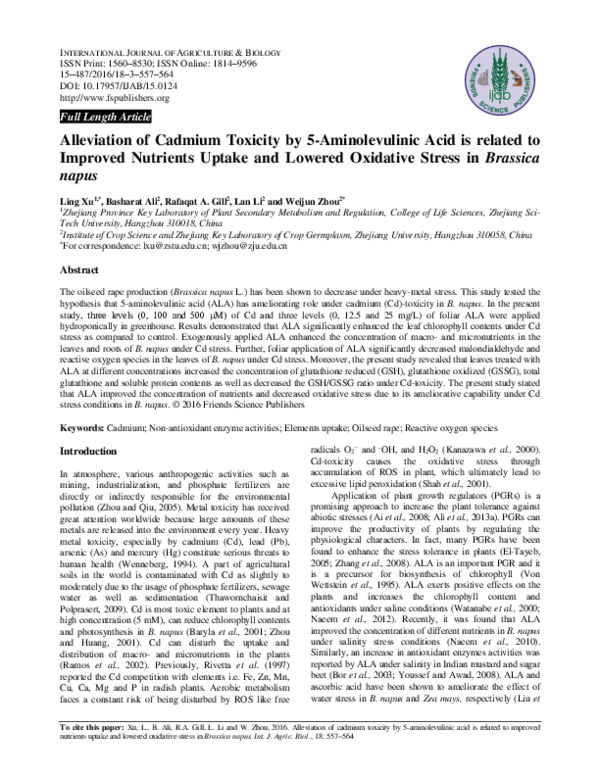 (PDF) Alleviation of Cadmium Toxicity by 5-Aminolevulinic Acid is ...