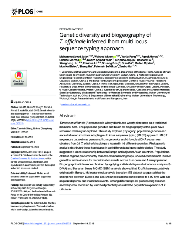 (PDF) Genetic diversity and biogeography of T. officinale inferred from multi locus sequence ...