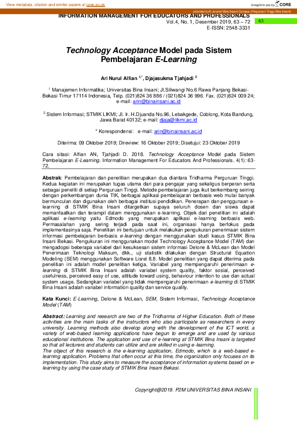 (PDF) Technology Acceptance Model pada Sistem Pembelajaran E-Learning