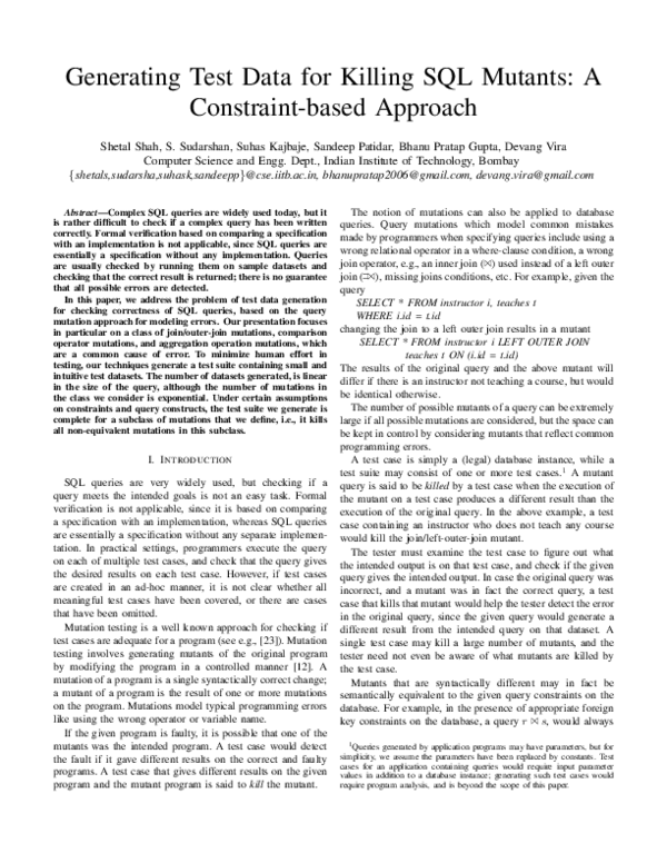 Pdf Generating Test Data For Killing Sql Mutants A Constraint Based Approach 4046