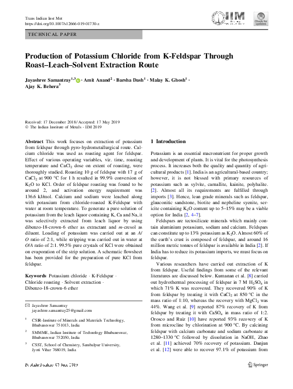 (PDF) Production of Potassium Chloride from K-Feldspar Through Roast ...