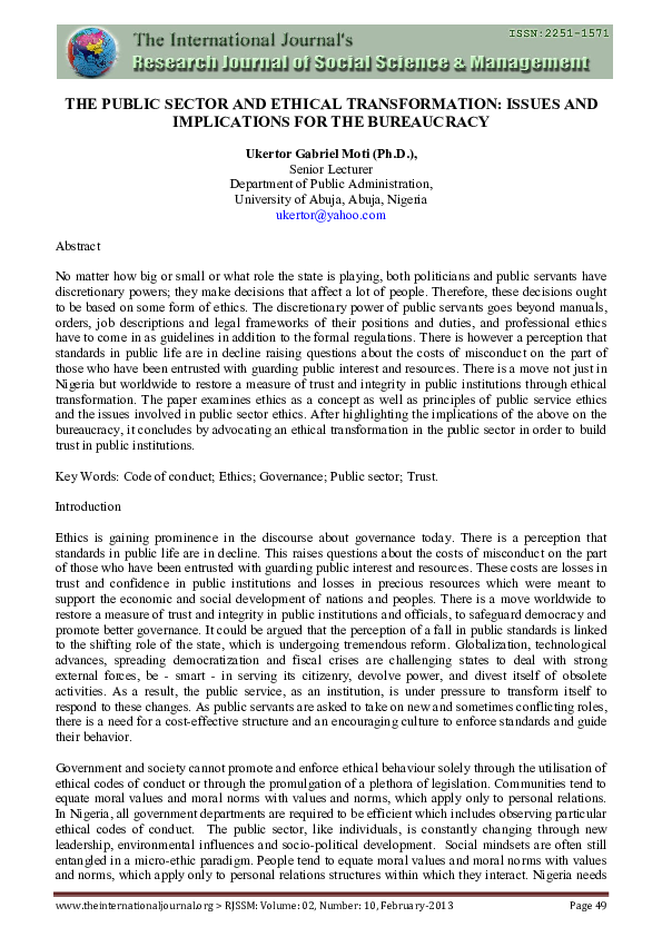 (PDF) The Public Sector and Ethical Transformation: Issues and ...