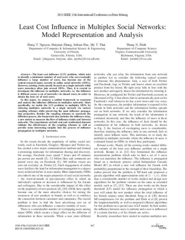 Least Cost Influence In Multiplex Social Networks Model Representation And Analysis