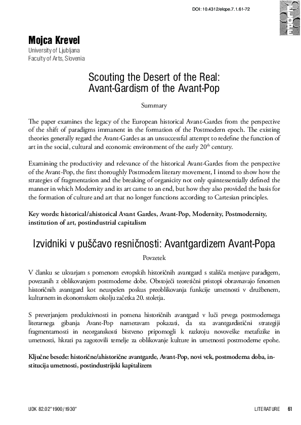 (PDF) Scouting the Desert of the Real: Avant-Gardism of the Avant-Pop ...